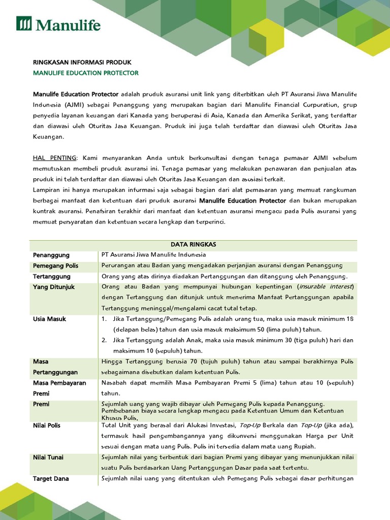 12 - Ringkasan Informasi Produk Manulife Education Protector | PDF