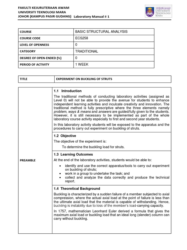 Lab Buckling of Strut - Level 0 | PDF | Buckling | Experiment