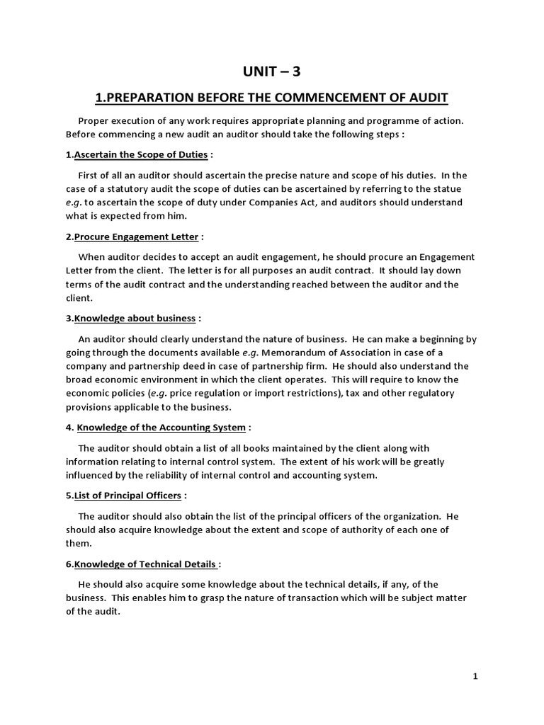 Unit - 3: 1.preparation Before The Commencement of Audit | PDF ...