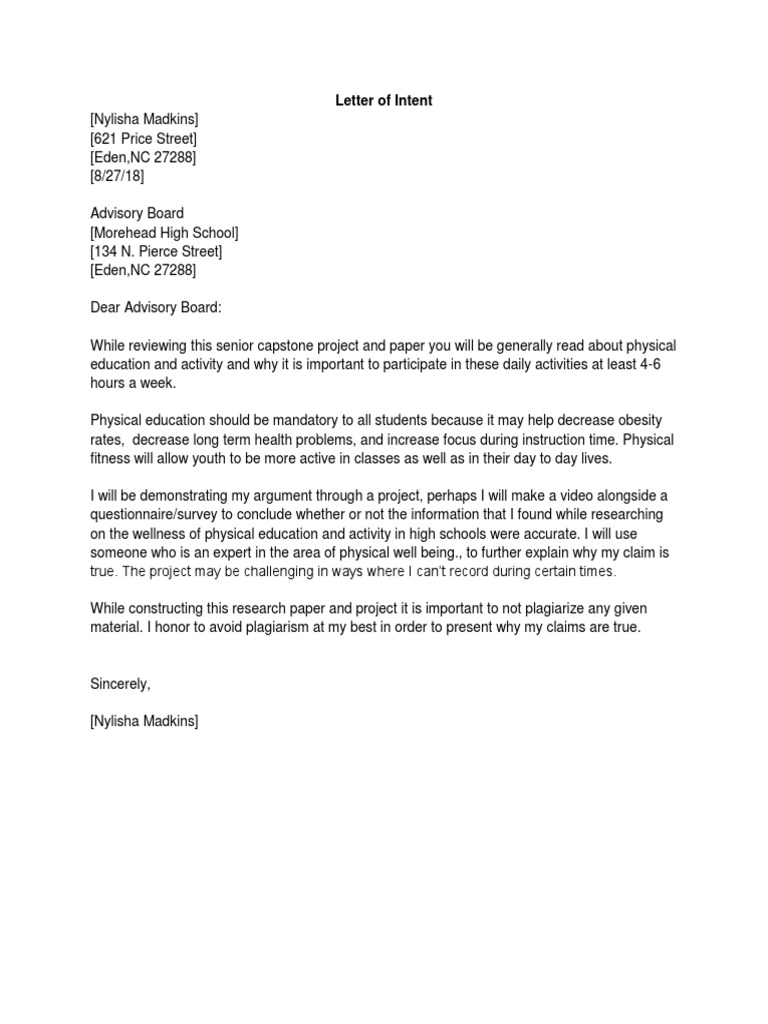 Letter of Intent for Capstone Project | PDF