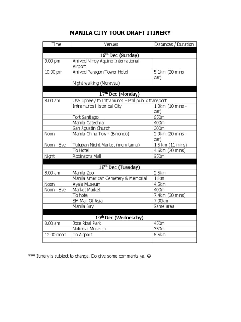 Manila City Tour Draft Itinery | PDF