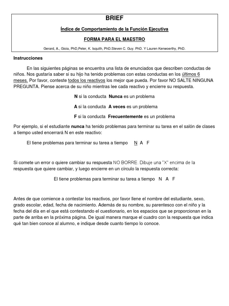 Brief Forma para El Maestro | PDF | Adultos | Cuestionario