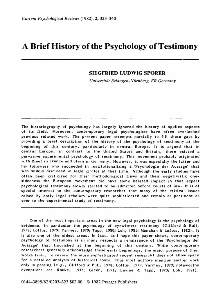 A Brief History of The Psychology of Testimony | PDF | Witness | Experiment