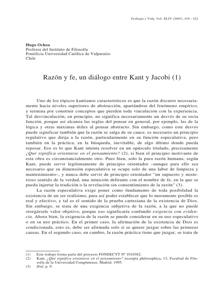 Ochoa. Razon y Fe. Un Dialogo Entre Kant y Jacobi PDF | PDF | Immanuel ...