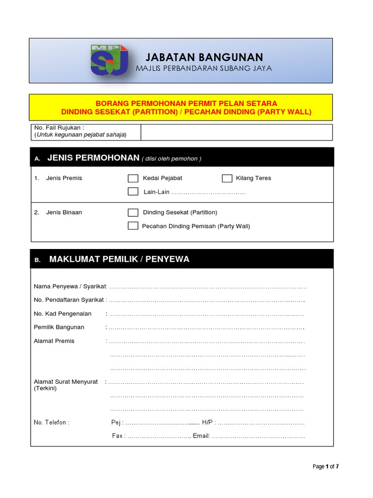 Permohonan Permit Pelan Setara Dinding Sesekat (Partition), Dinding ...