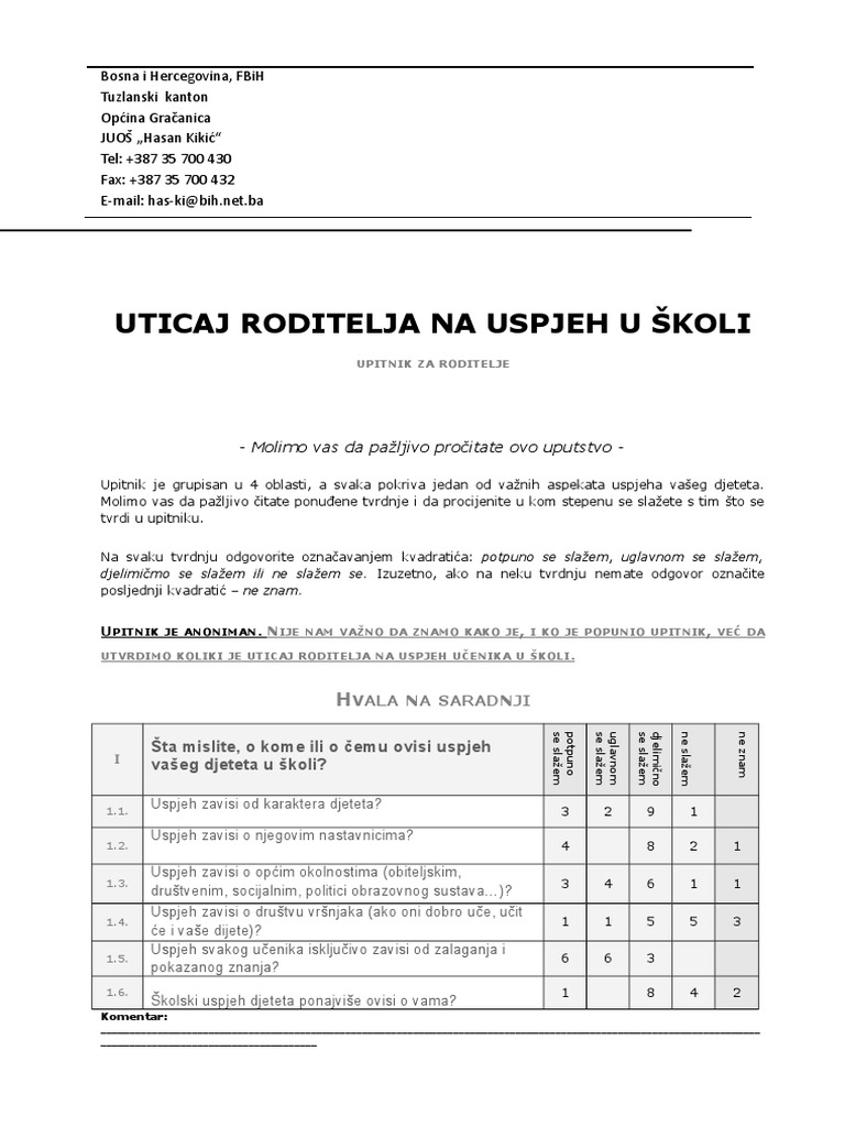 Upitnik Za Roditelje Rezultati | PDF