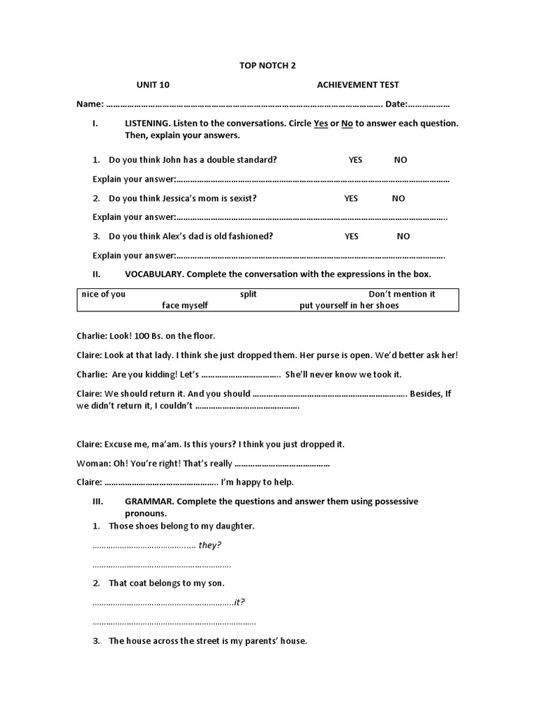 Achievement Test For UNIT 10 TOP NOTCH 2 English Book | PDF