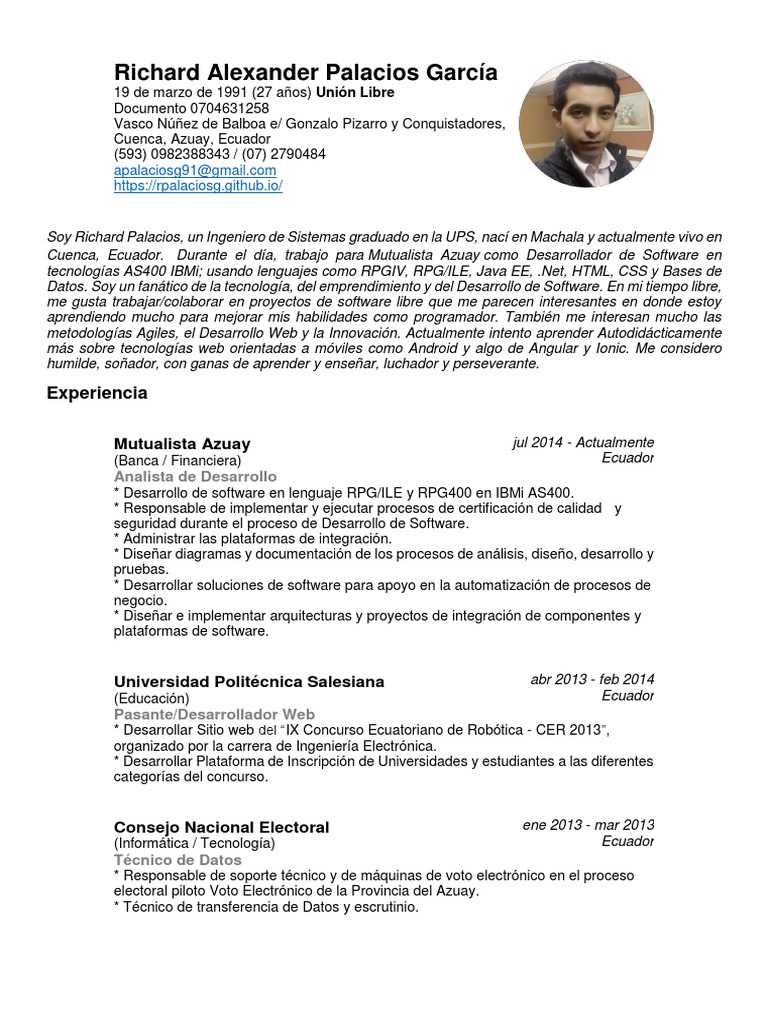 CV Richard Alexander Palacios Garcia Software Developer | PDF | Vuelo ...