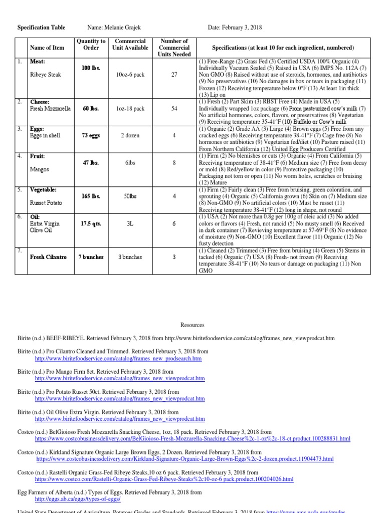 Food Specification | PDF | Egg As Food | Food And Drink Preparation