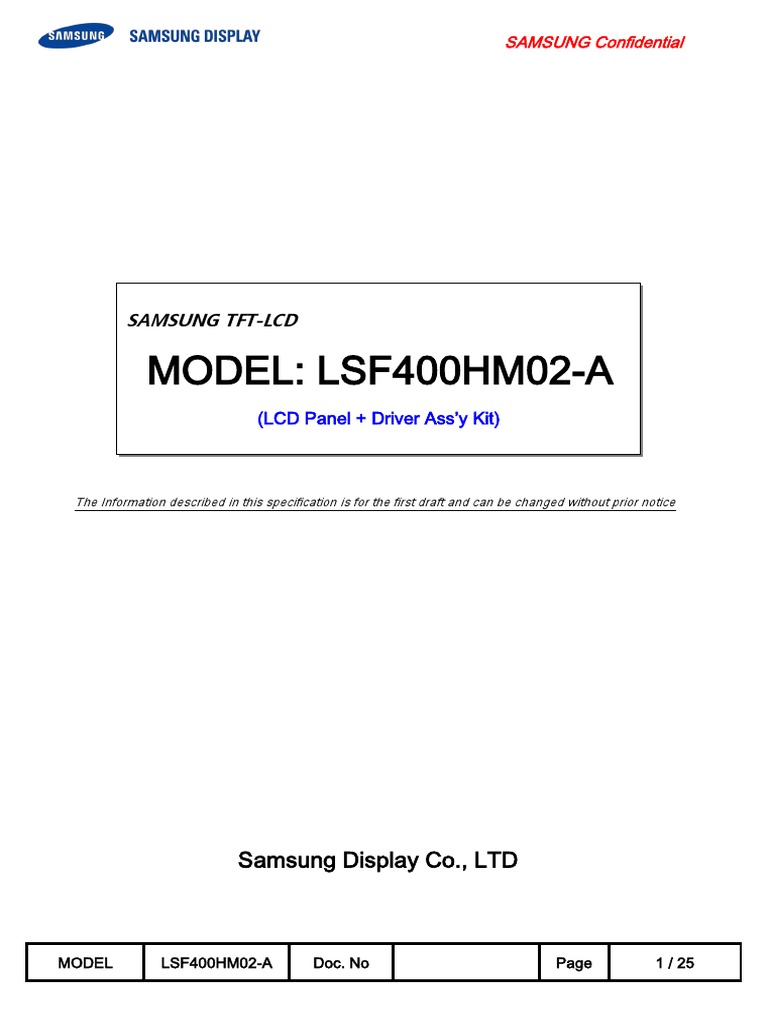 Samsung Confidential Document Detailing Specifications for 40-Inch LCD ...