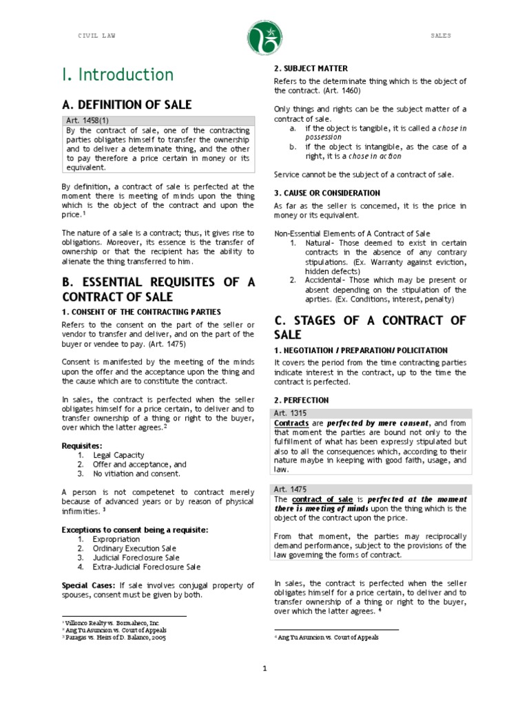 Civil Law: Essentials of Sales | PDF | Offer And Acceptance | Lease
