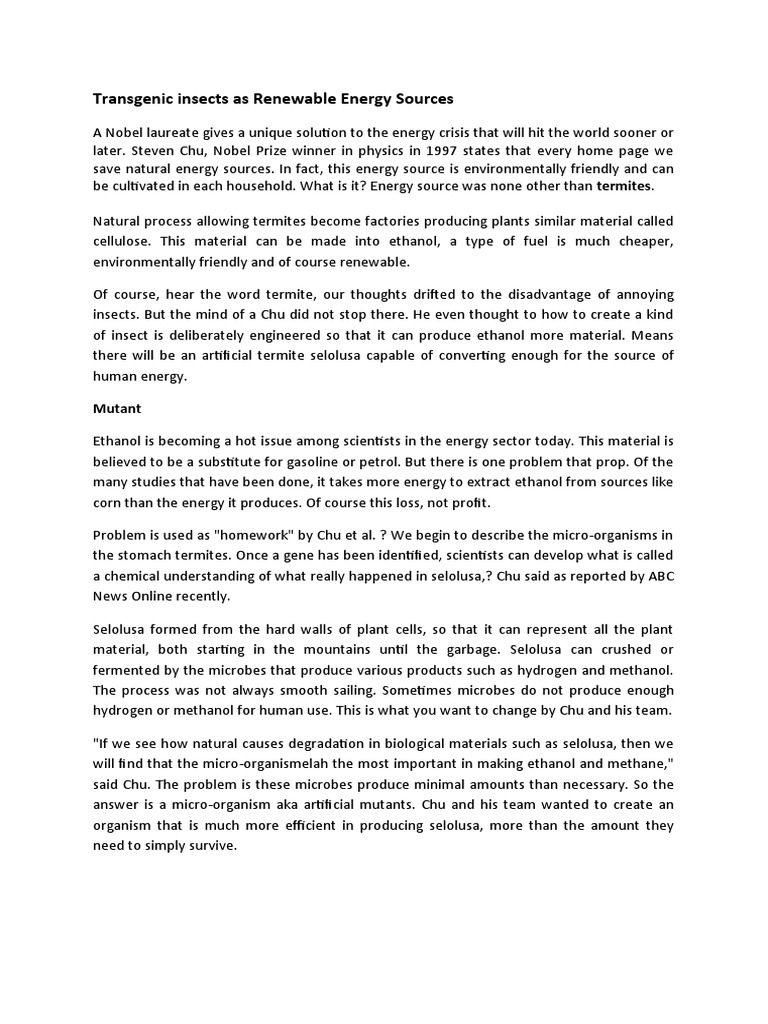 Transgenic Insects As Renewable Energy Sources | PDF | Transgene ...