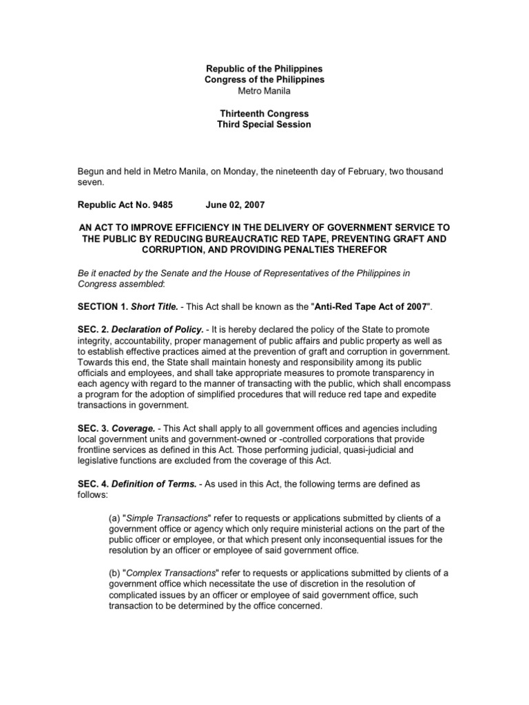 RA 9485 - Anti-Red Tape Act of 2007 | PDF