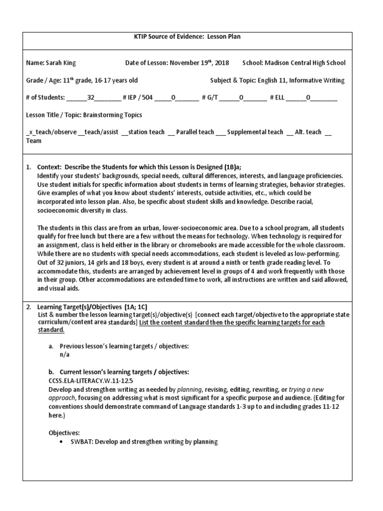 KTIP Source of Evidence: Lesson Plan | PDF | Lesson Plan | Special ...