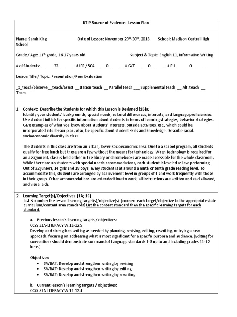 KTIP Source of Evidence: Lesson Plan: TH TH | PDF | Rubric (Academic ...