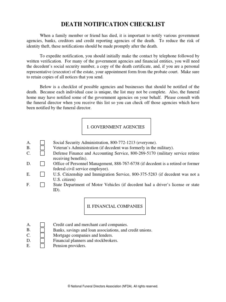 Death Notification Checklist | PDF | Credit Score | Credit History