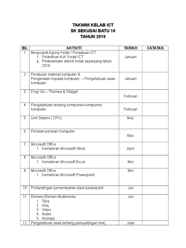 Takwim Kelab Ict 2019 | PDF