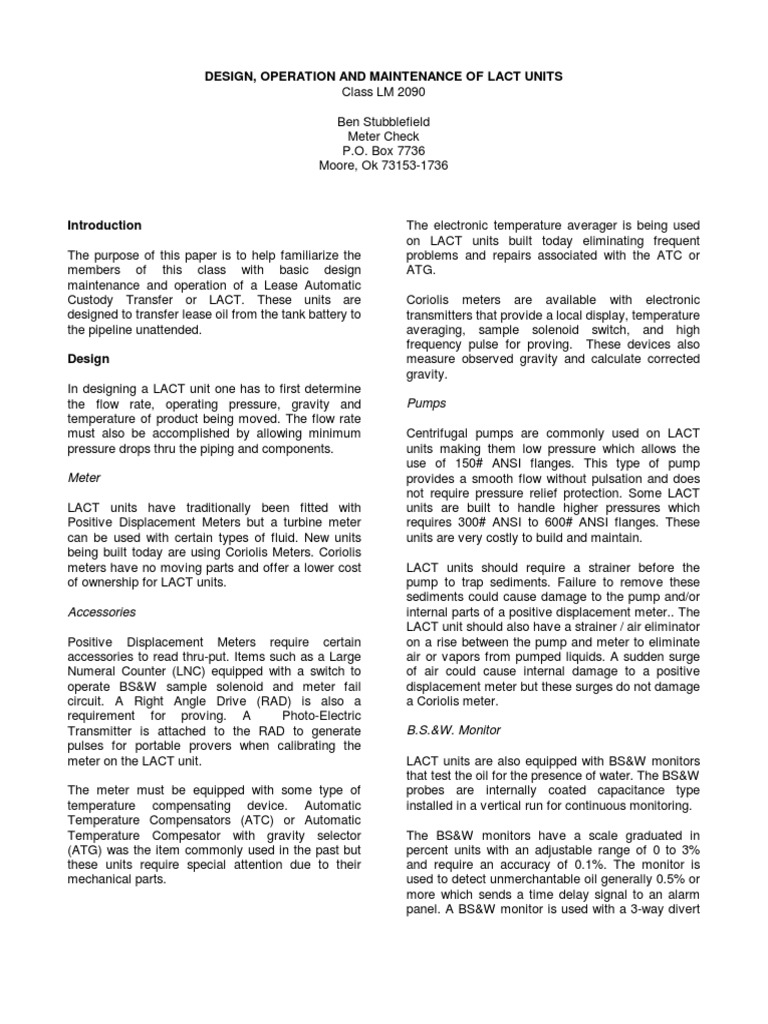 Design, Operation and Maintenance of Lact Units | PDF | Leak | Valve