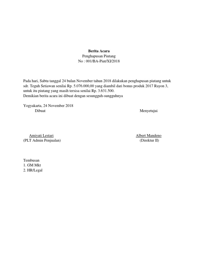 Berita Acara Penghapusan Piutang | PDF
