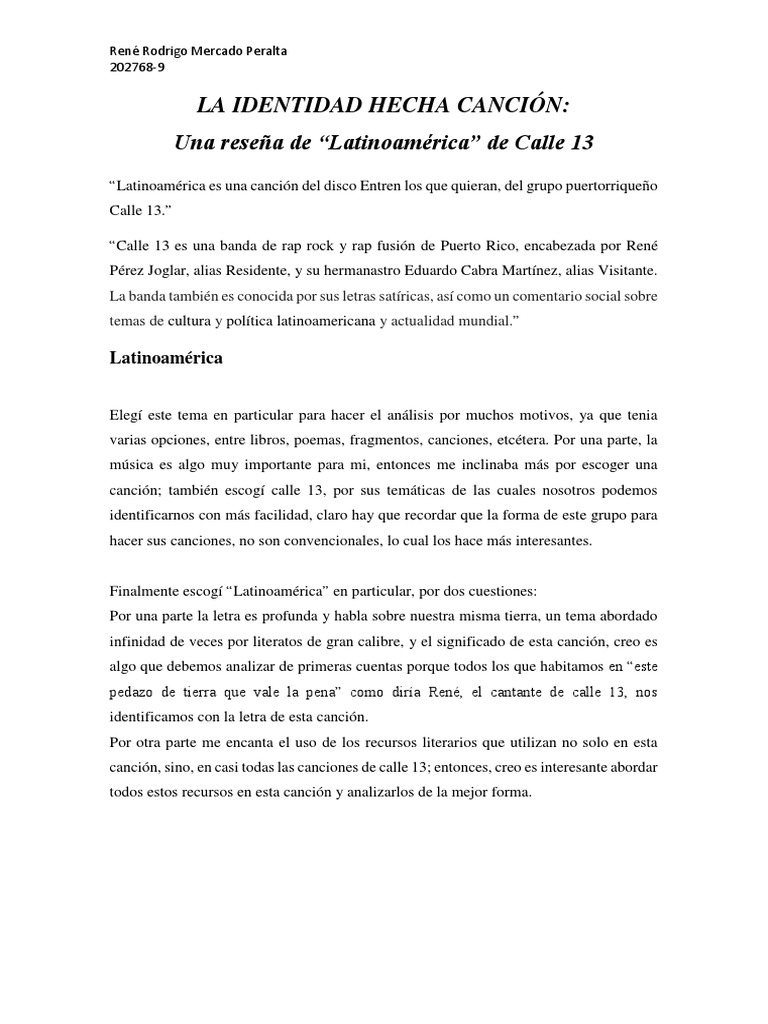 Análisis Latinoamérica Calle 13 | PDF