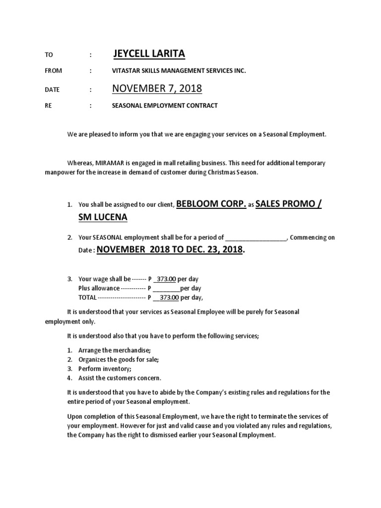 Seasonal Employment Contract with Bebloom | PDF | Employment | Labor