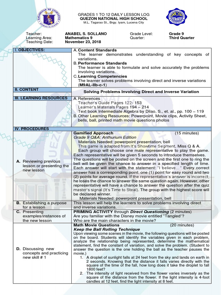 Solving Problems Involving Direct and Inverse Variation Through ...