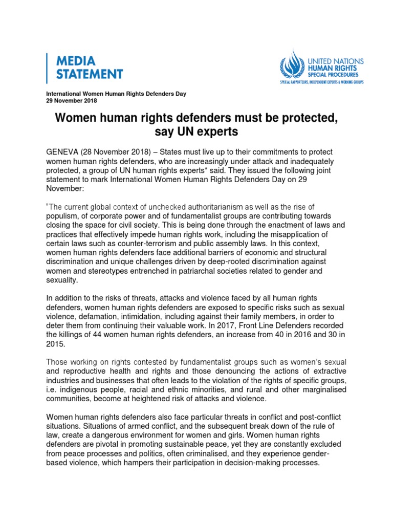 United Nations Statement on International Women Human Rights Defenders ...