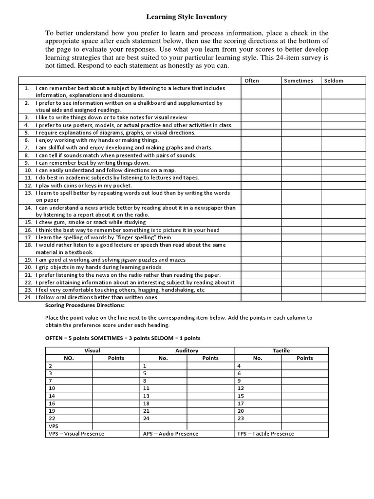 Learning Style Inventory: Scoring Procedures Directions | PDF ...