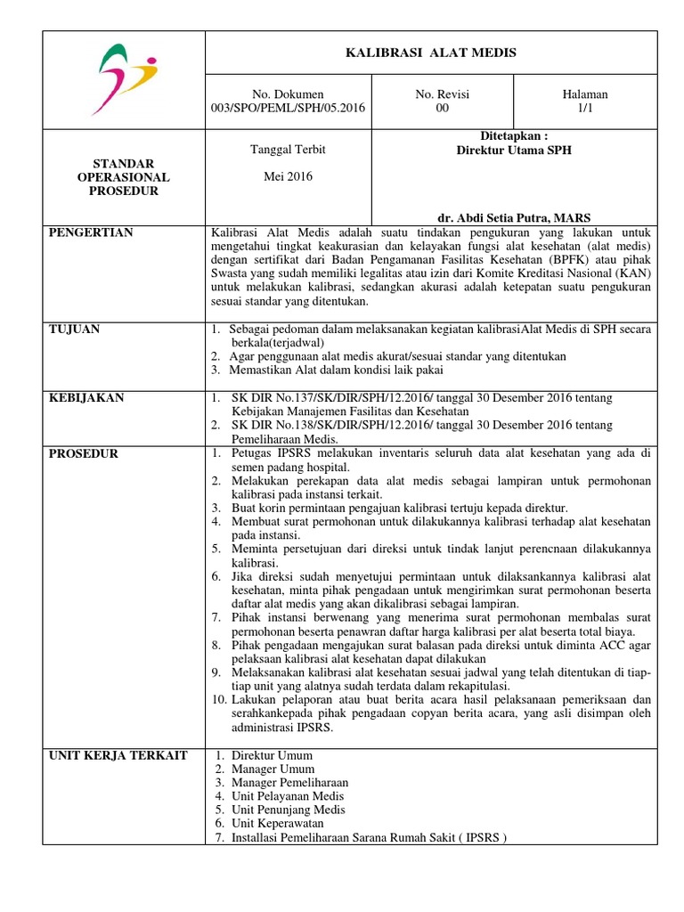SOP Kalibrasi Alat Medis SPH | PDF | Pengembangan Diri | Sains & Matematika