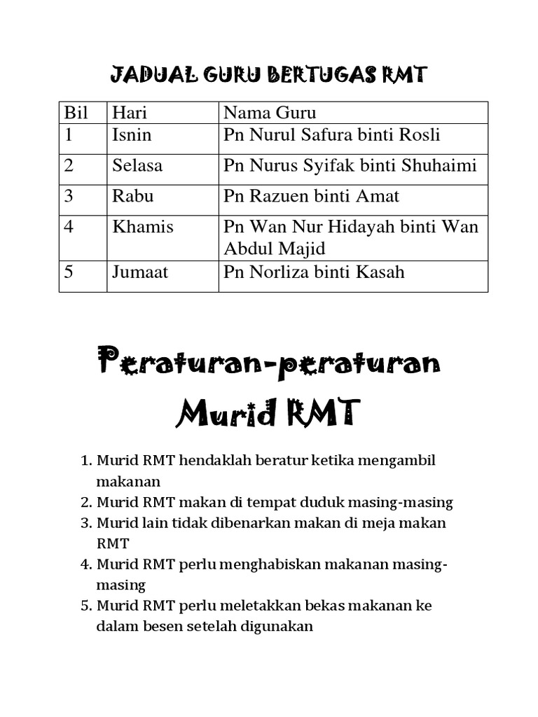 Jadual Guru Bertugas RMT 2018 | PDF