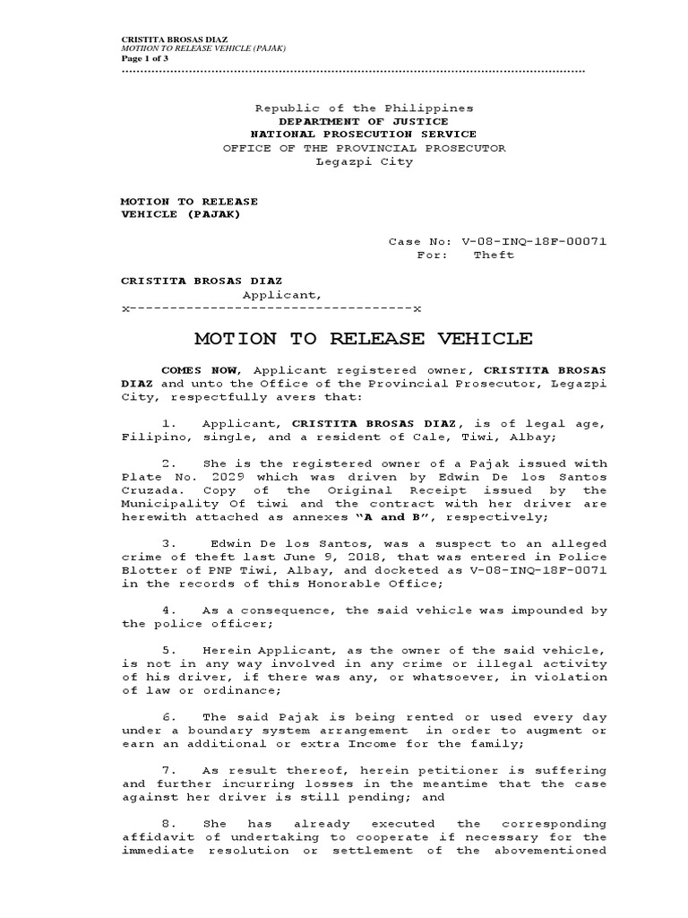 SAMPLE MOtion For Release | PDF | Virtue | Public Law