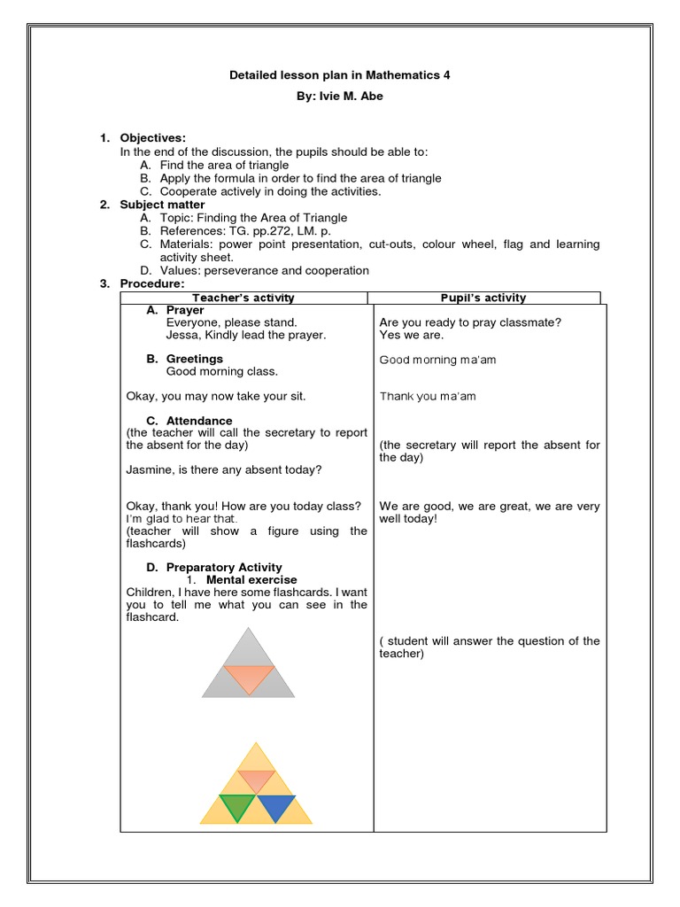 Detailed Lesson Plan in Mathematics 4 | PDF | Area | Rectangle