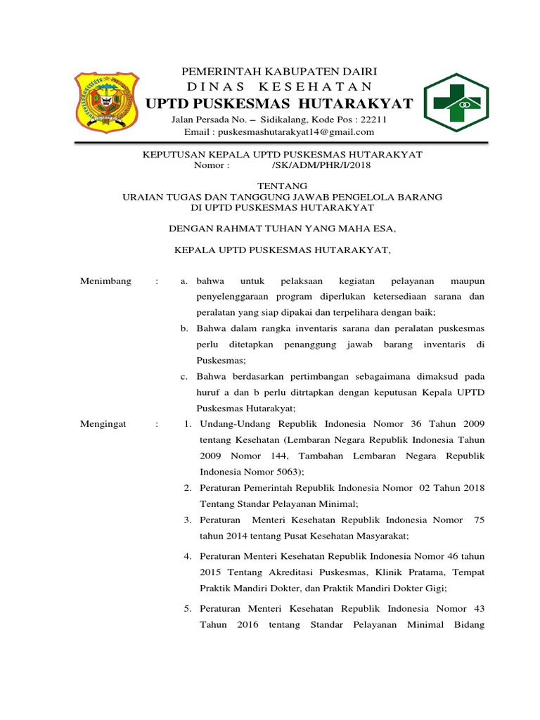 Ep. 2.1.4.2 SK Uraian Tugas Dan Tanggung Jawab Pengelola Barang Di Uptd Puskesmas Hutarakyat | PDF