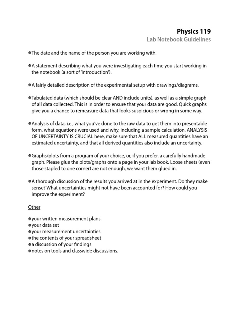 Physics 119: Lab Notebook Guidelines | PDF