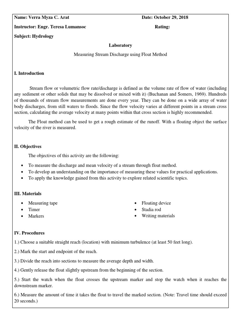 Measuring Stream Discharge: An Analysis of Flow Rate Using the Float ...