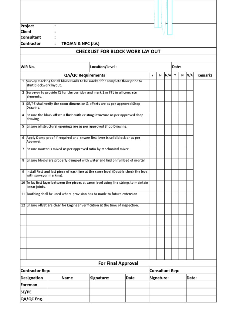 Checklist For Block Work Lay Out: Project: Client: Consultant ...