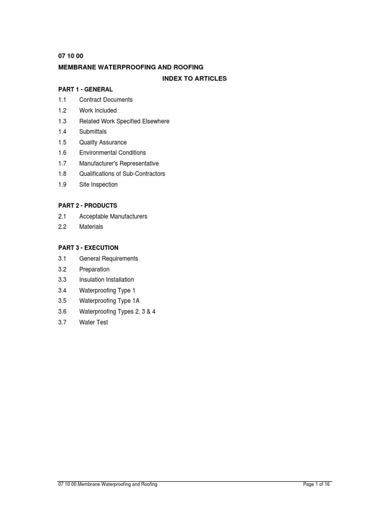 07 10 00 Membrane Waterproofing And Roofing Pdf Concrete