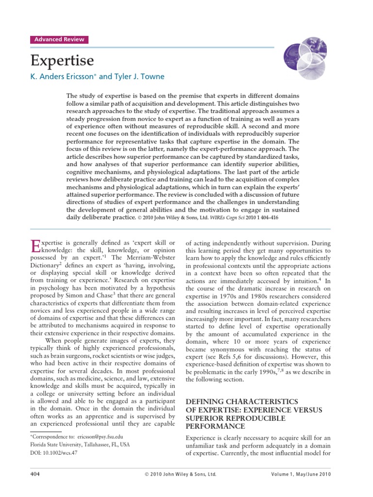 Expertise: K. Anders Ericsson and Tyler J. Towne | PDF | Expert | Memory