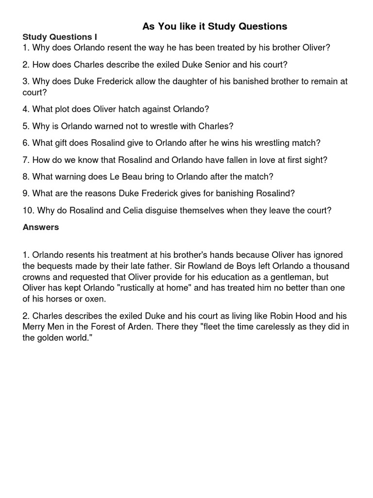 As You Like It Study Questions & Answers | PDF | As You Like It