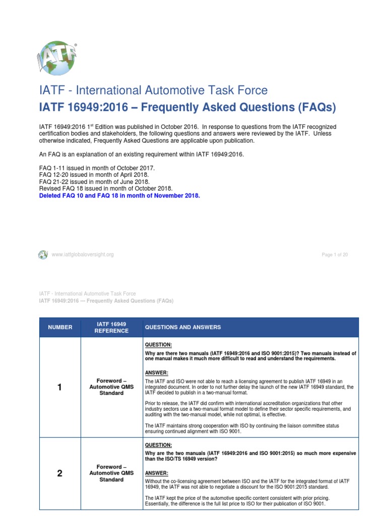 IATF-16949-FAQs_Oct-2018_12Nov2018 | Faq | Business Process