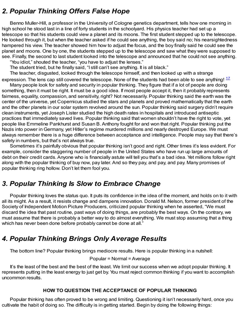 Popular Thinking Offers False Hope: How To Question The Acceptance of ...