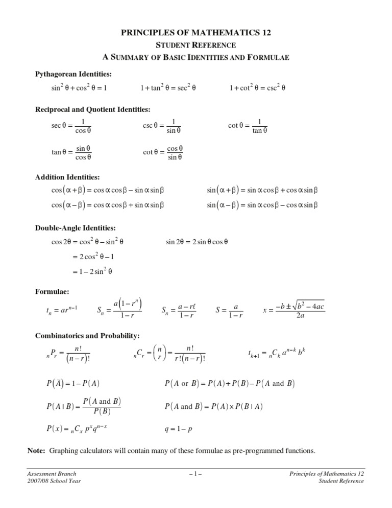 Math 12 Formula Sheet | PDF | Trigonometric Functions | Complex Analysis