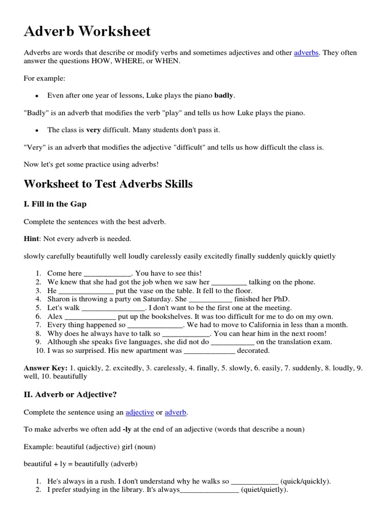 Adverb Worksheet | PDF | Adverb | Adjective