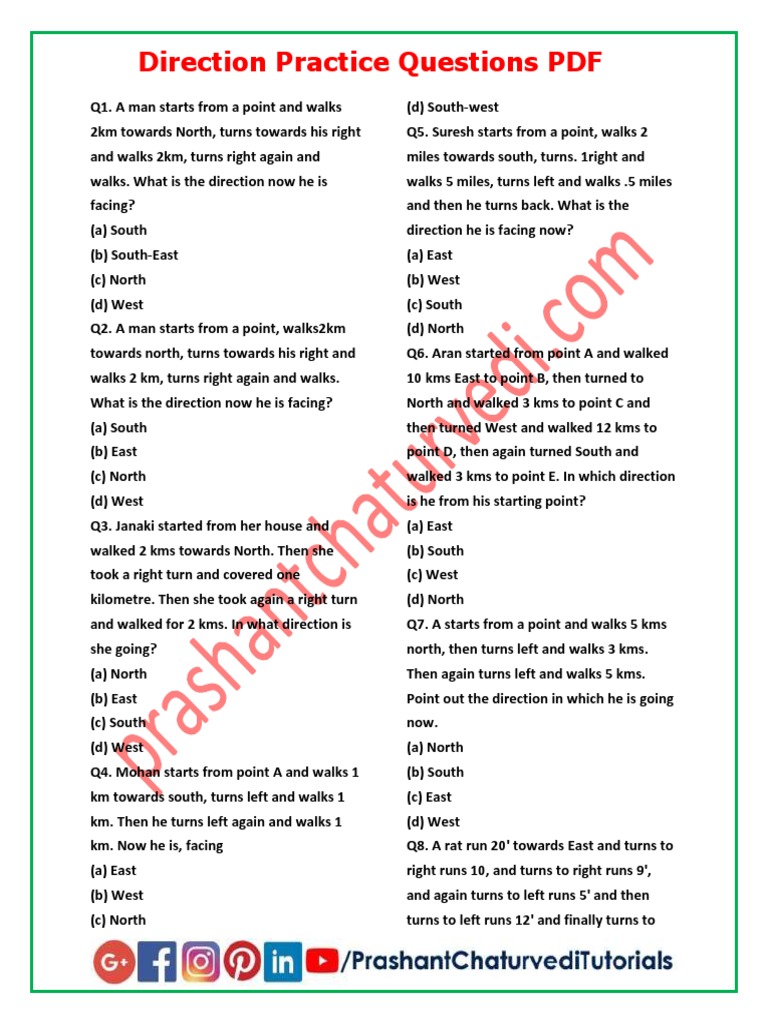 Direction Practice Questions | PDF | Evaluation | Physical Quantities
