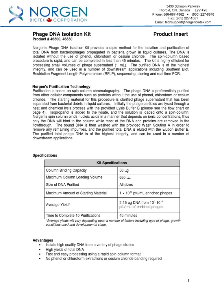 Phage DNA Kit Insert PI46800 5 M14 | PDF | Protein Purification ...