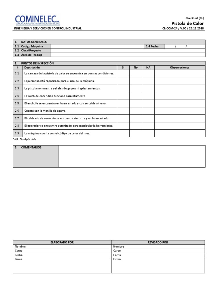 CheckList Pistola de Calor