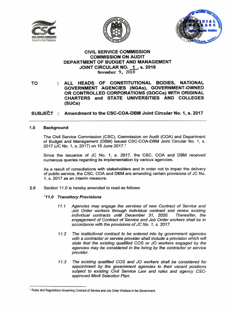 CSC Coa DBM Joint Circular No 1 S 2018 | PDF | Salary | Government ...