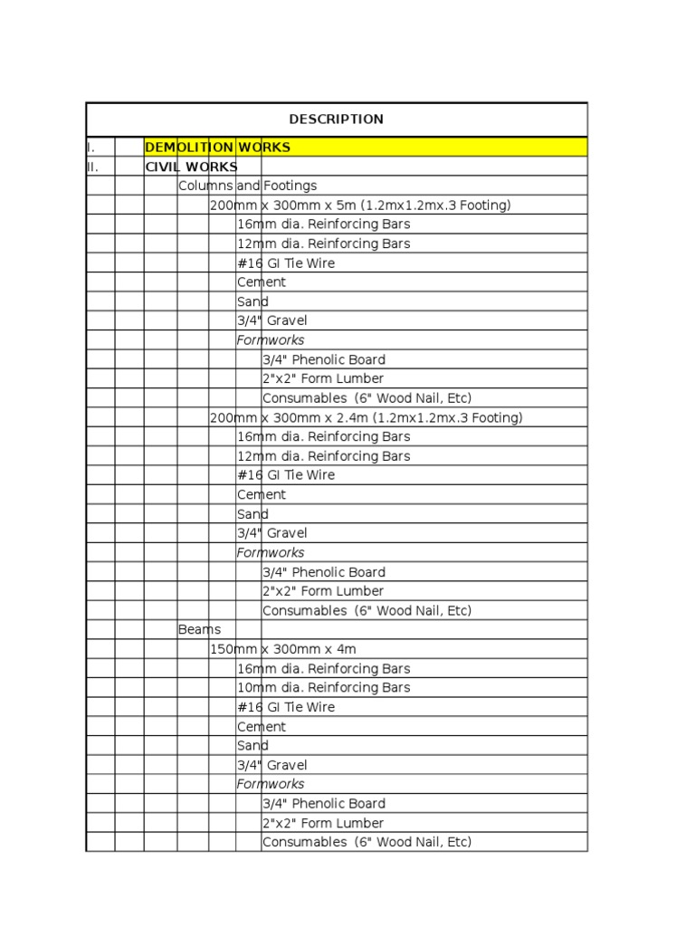 Description Demolition Works Civil Works: Formworks | PDF | Wall | Screw