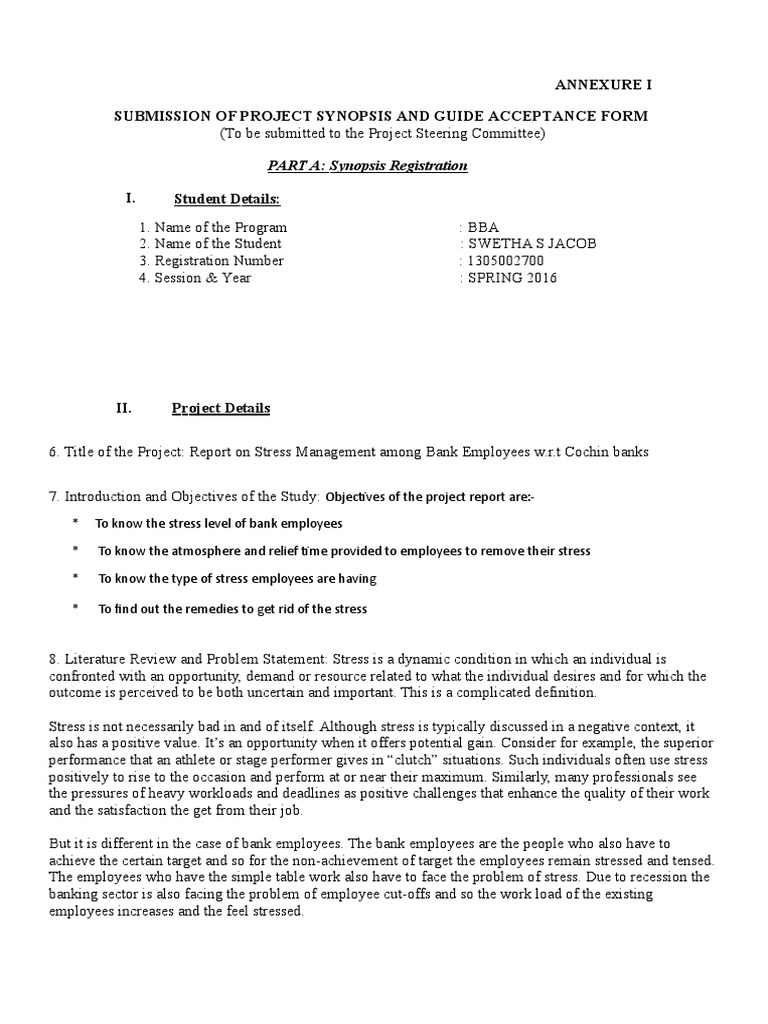 Annexure I Submission of Project Synopsis and Guide Acceptance Form | PDF | Stress (Biology ...