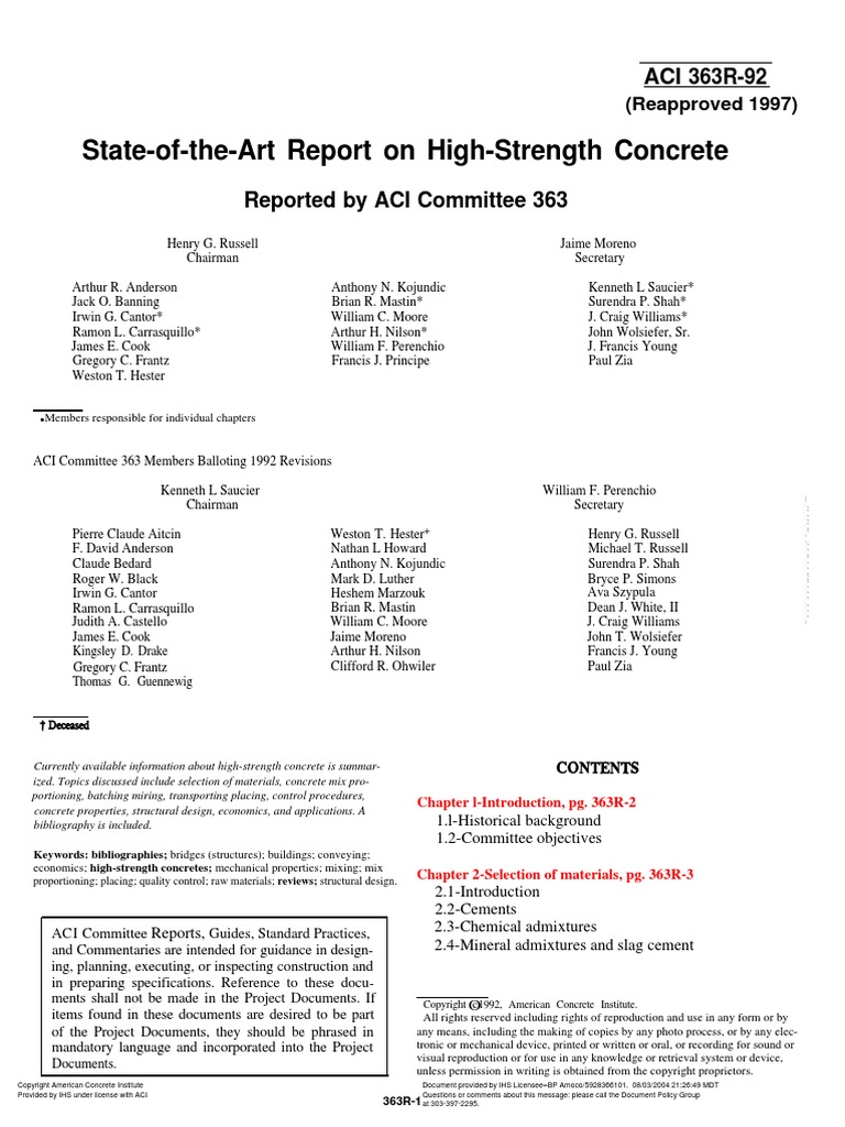 ACI 363R 1992 State of The Art Report of High Strength Concrete | PDF ...